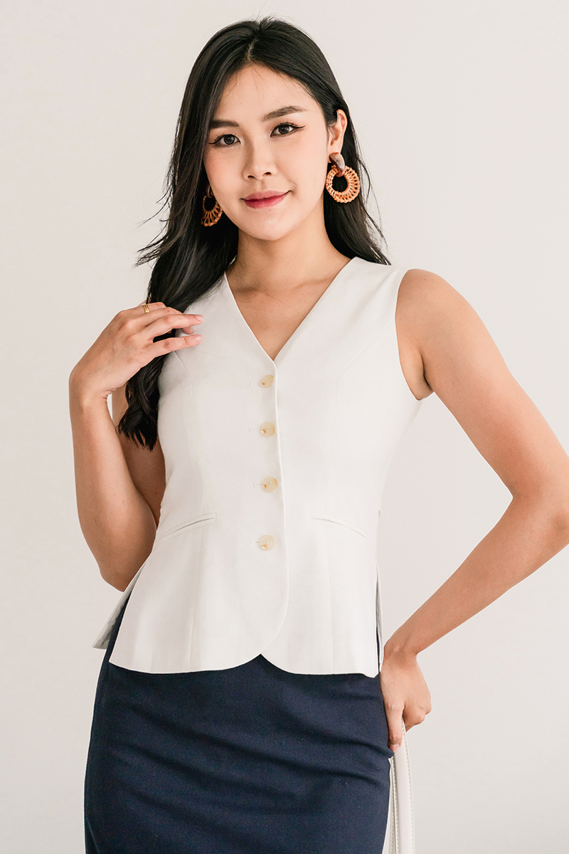 *RESTOCKED* Clover Button Back-Tie Linen Vest (White) | Dear Lyla