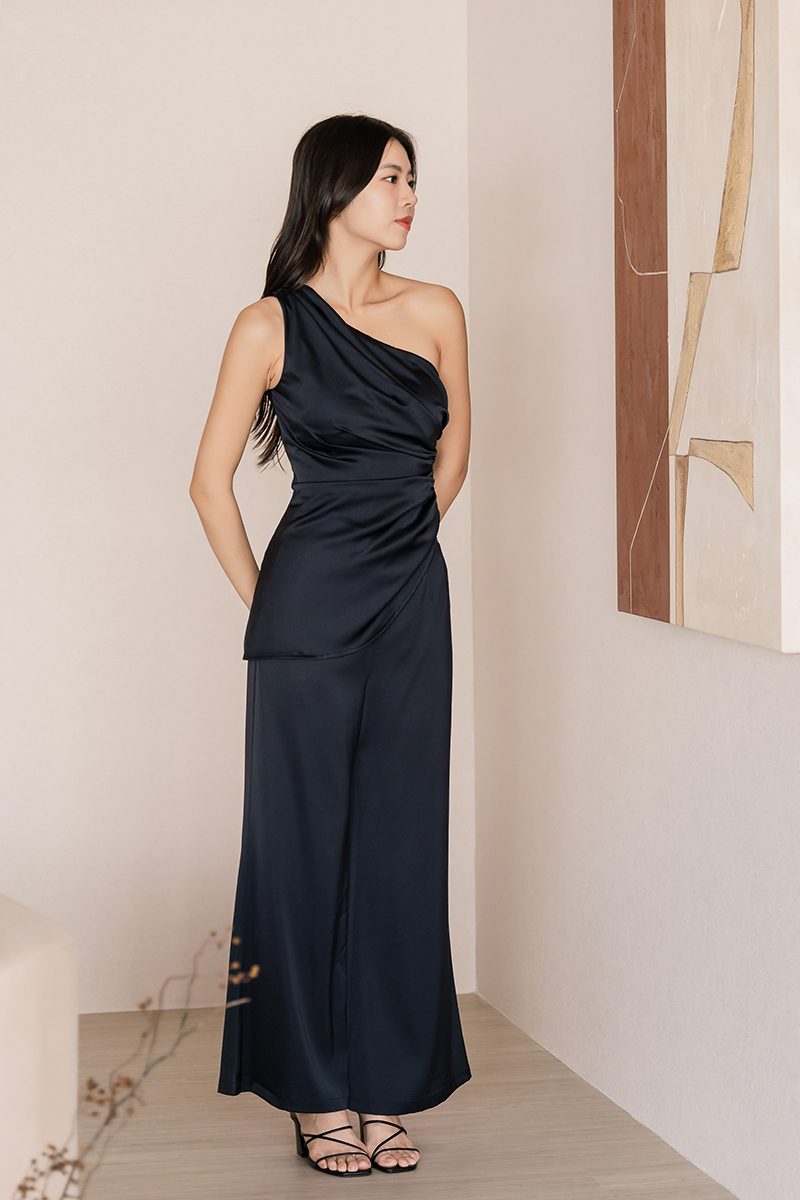 Claudine Padded Ruched Satin Toga Top (Midnight Black) | Dear Lyla