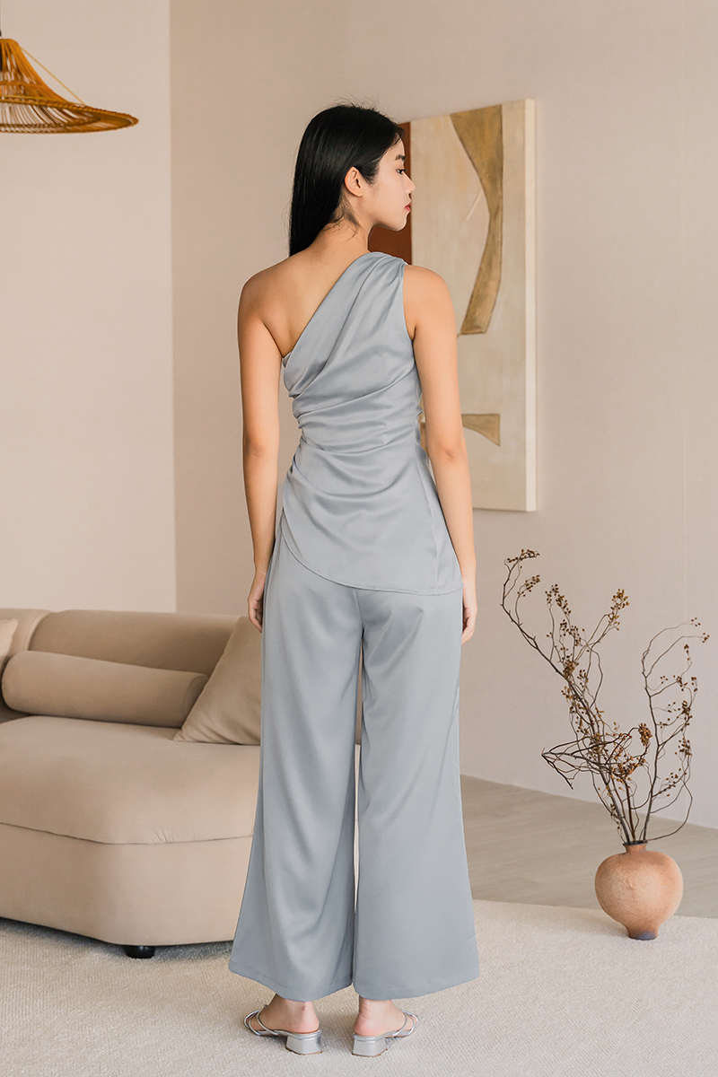 Claudine Padded Ruched Satin Toga Top (Silver Grey) | Dear Lyla