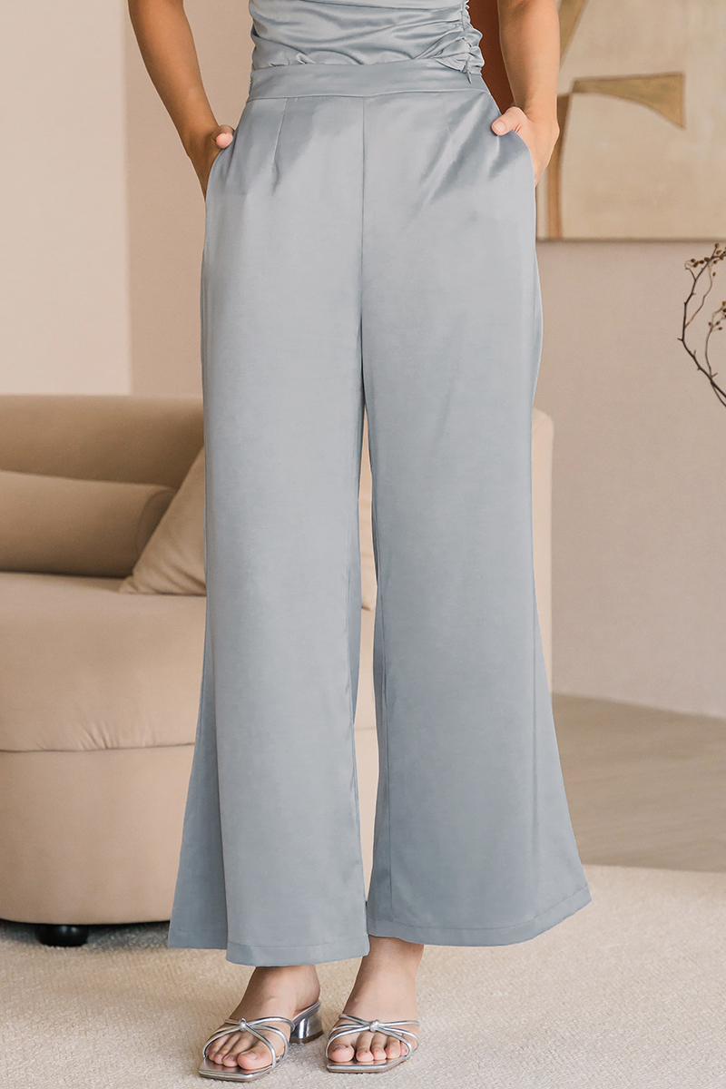 Claudine Satin Wide Leg Pants - Petite (Silver Grey) | Dear Lyla