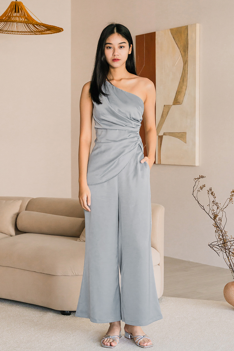 Claudine Padded Ruched Satin Toga Top (Silver Grey) | Dear Lyla