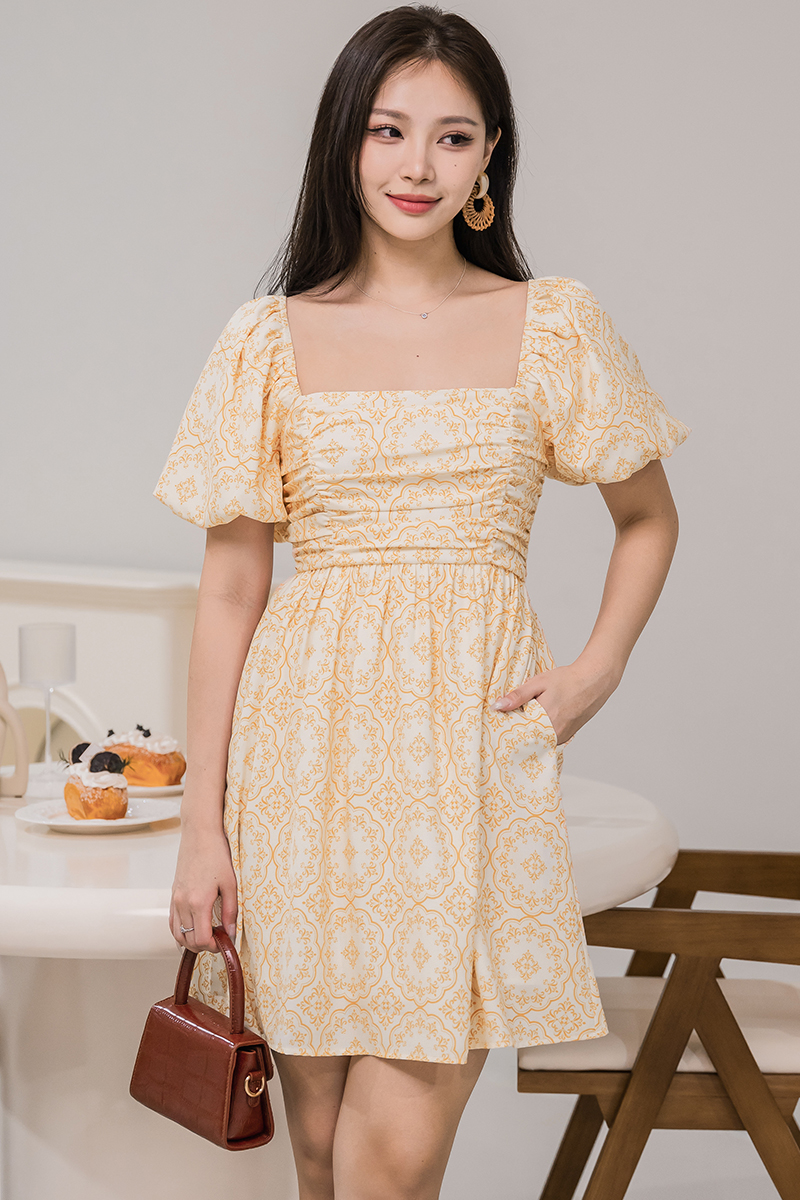 Hallie Bubble Sleeve Ruched Dress (Mandarin Abundance) | Dear Lyla