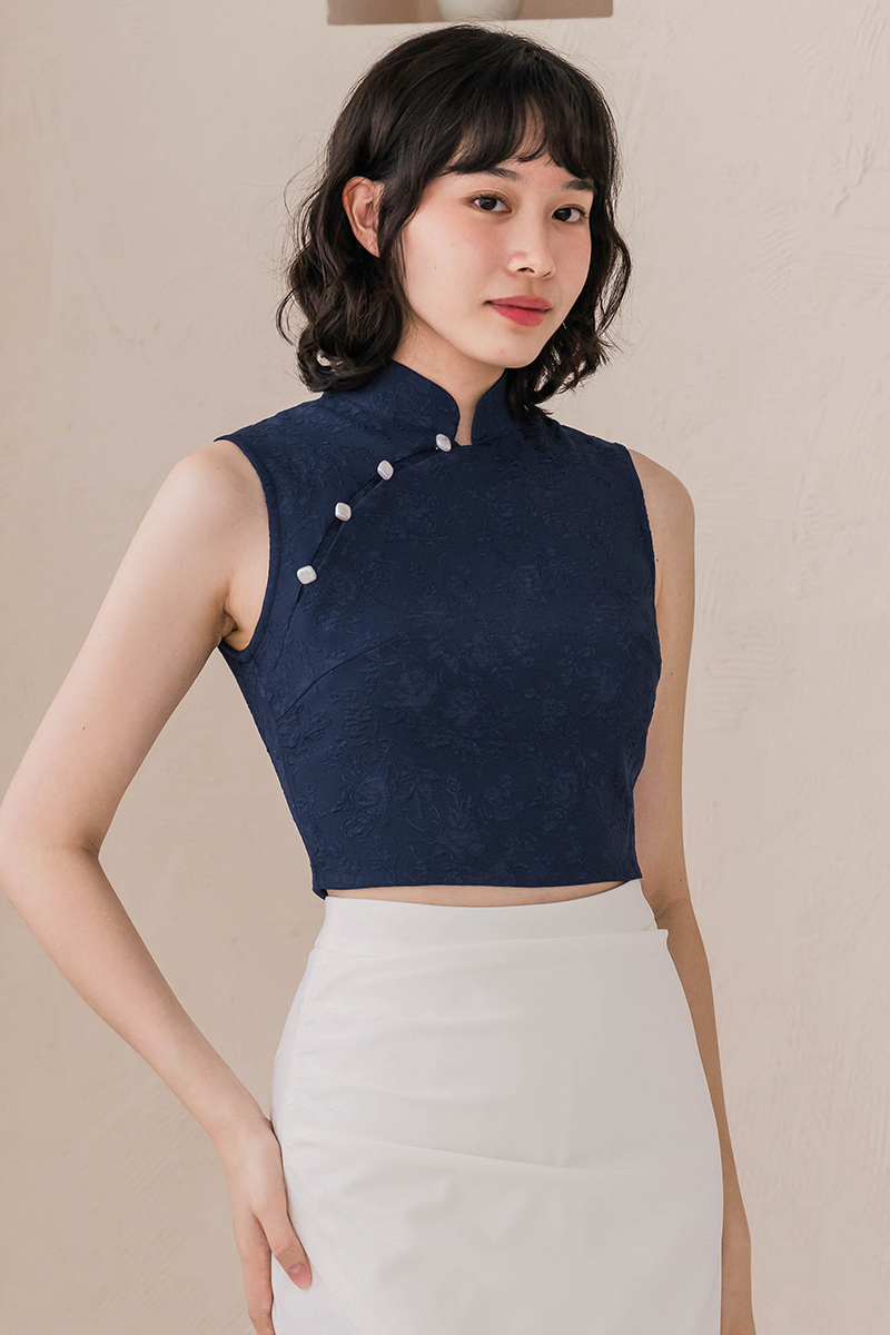 Milly Halter Cheongsam Top (Midnight Emboss) | Dear Lyla