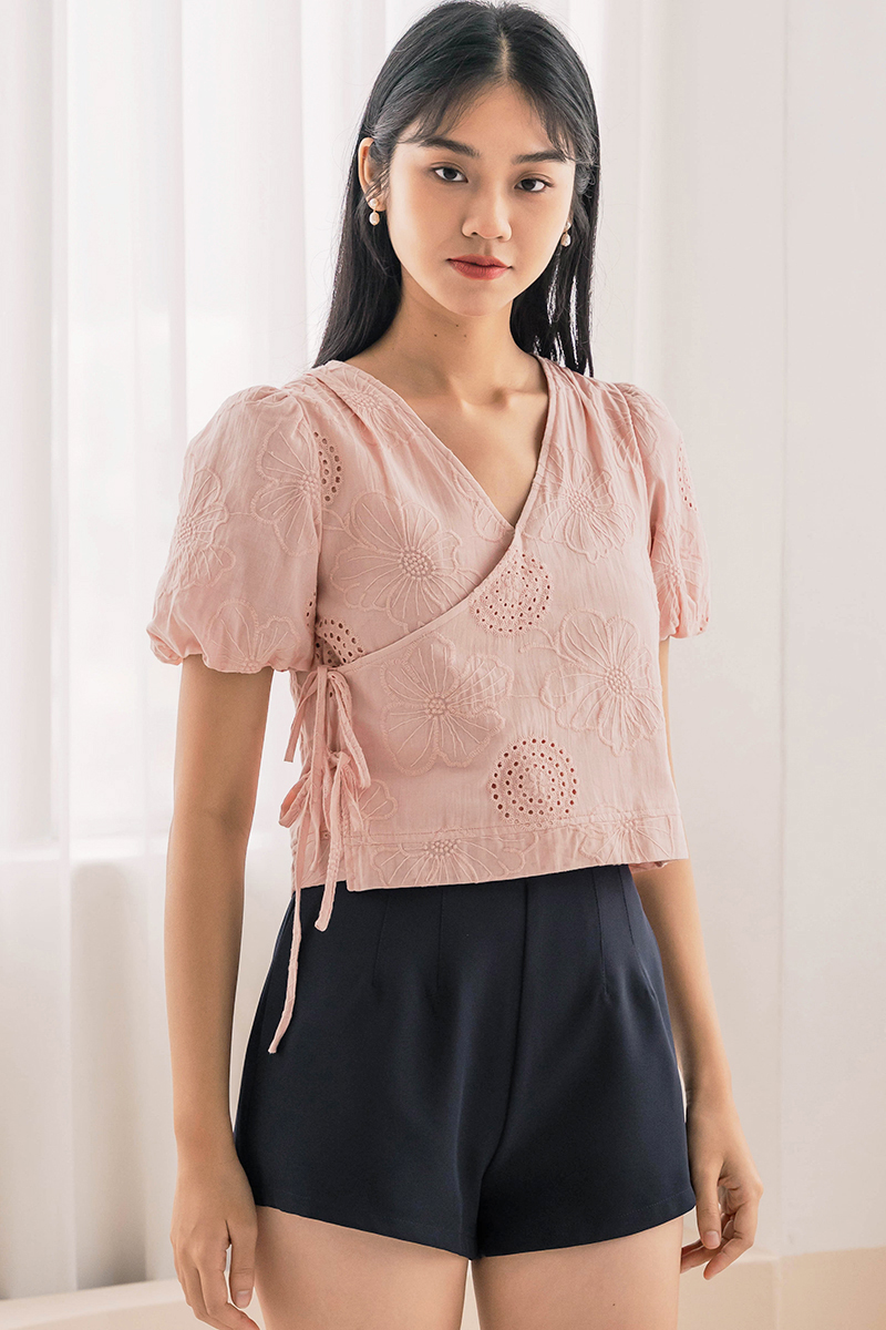 Mira Tie-Ribbon Wrap Top (Petal Pink Embroidery) | Dear Lyla
