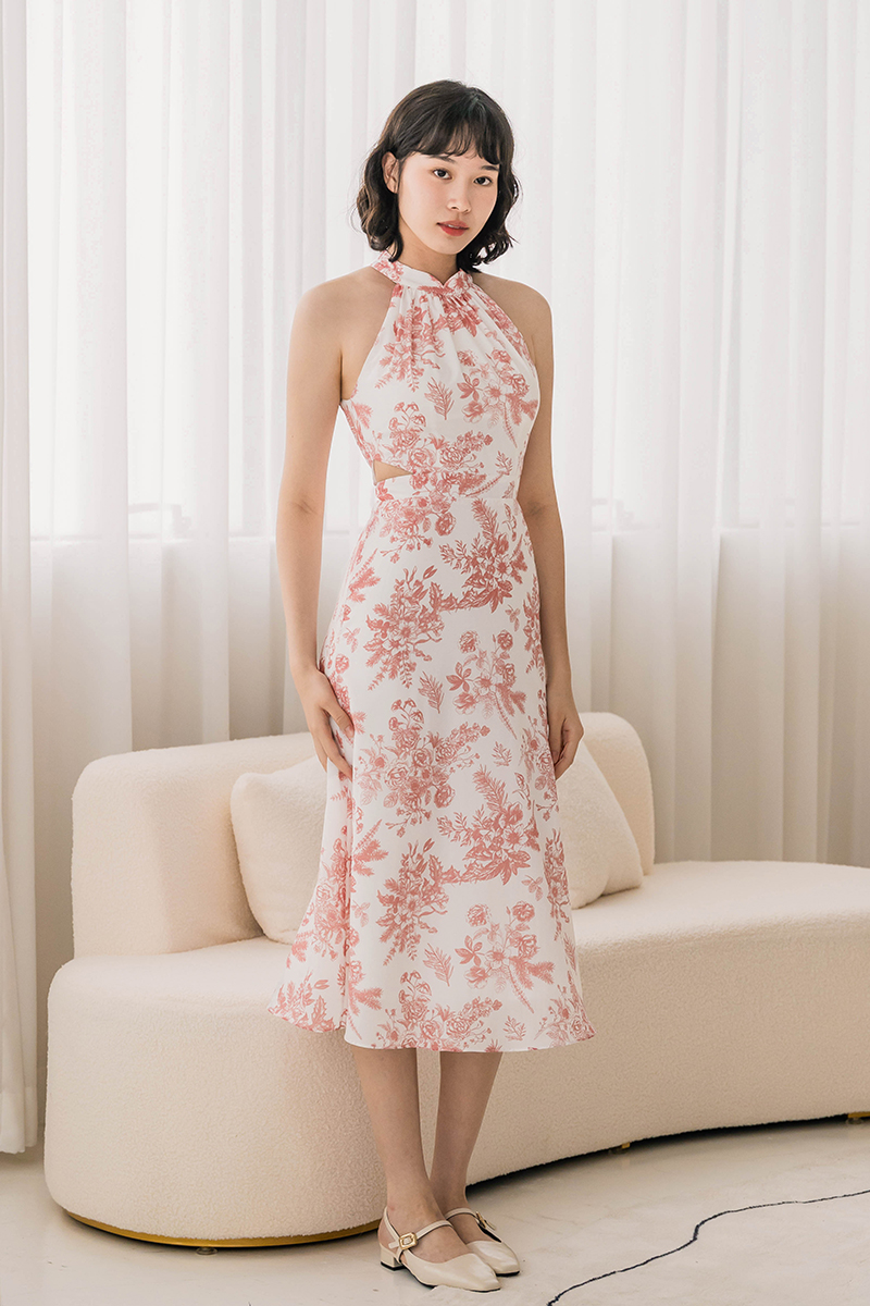 Railey Cut-Out Halter Padded Midi Dress (Rose Floral Euphoria) | Dear Lyla