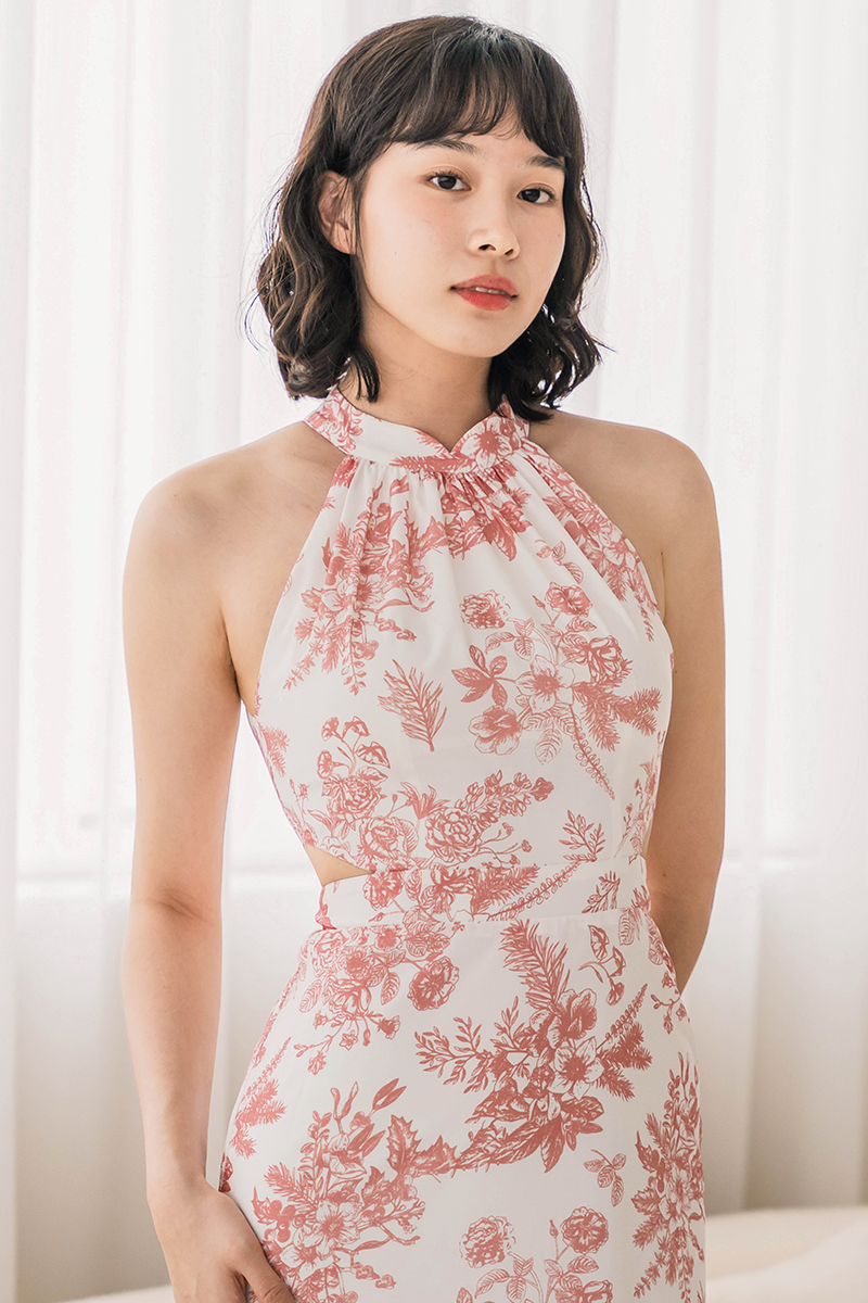Railey Cut-Out Halter Padded Midi Dress (Rose Floral Euphoria) | Dear Lyla