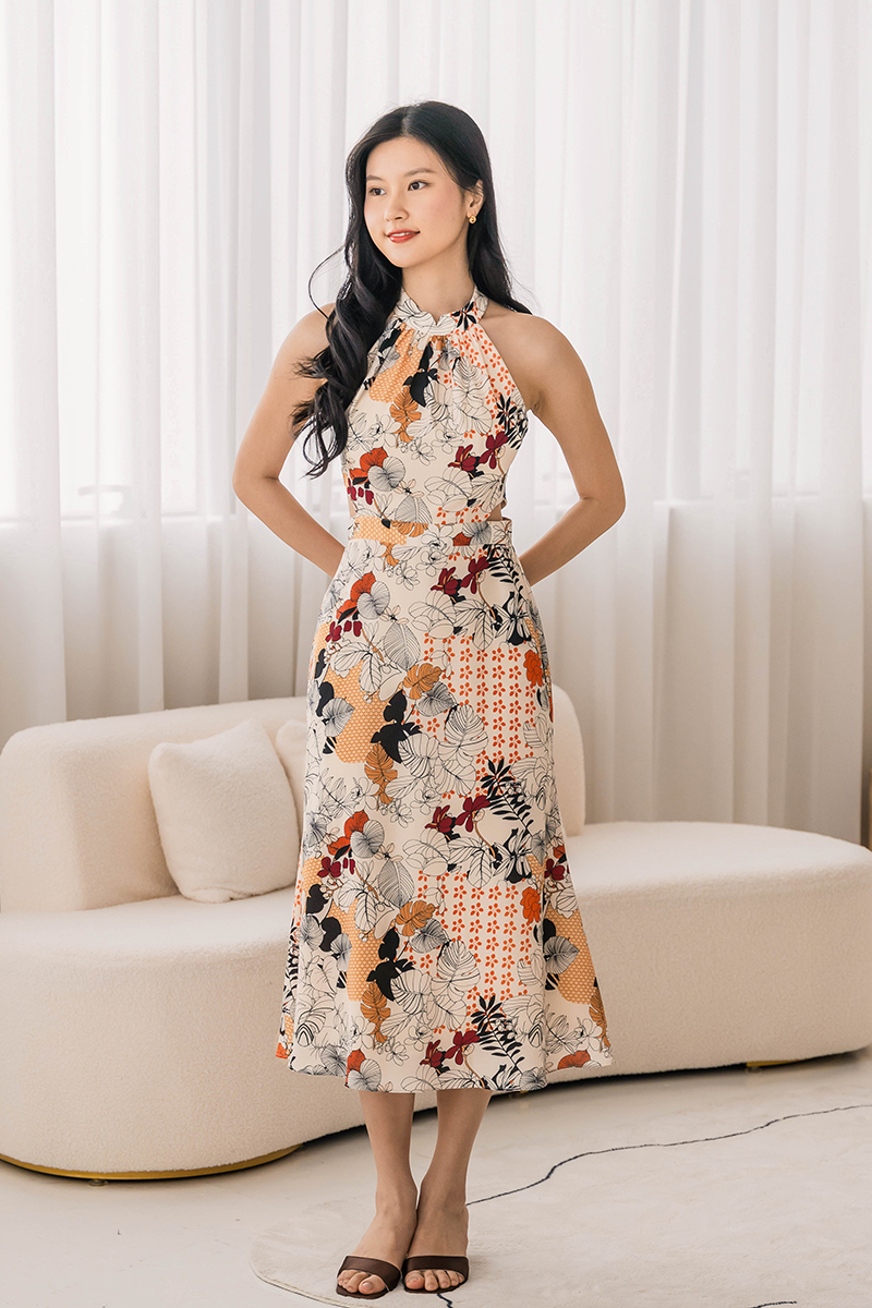 Railey Cut-Out Halter Padded Midi Dress (Tropical Print) | Dear Lyla
