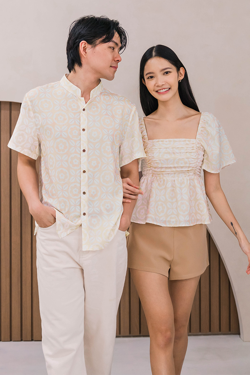 Dalsy Flutter Sleeve Ruched Peplum Top (Sand Peach Harmony) | Dear Lyla