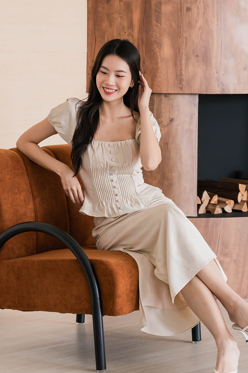 Clover Padded Pintuck Linen Top (Natural) | Dear Lyla