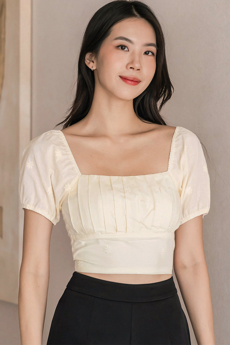 Jaycee Padded Puff Sleeve Pleat Front Top (Cream Embroidery) | Dear Lyla