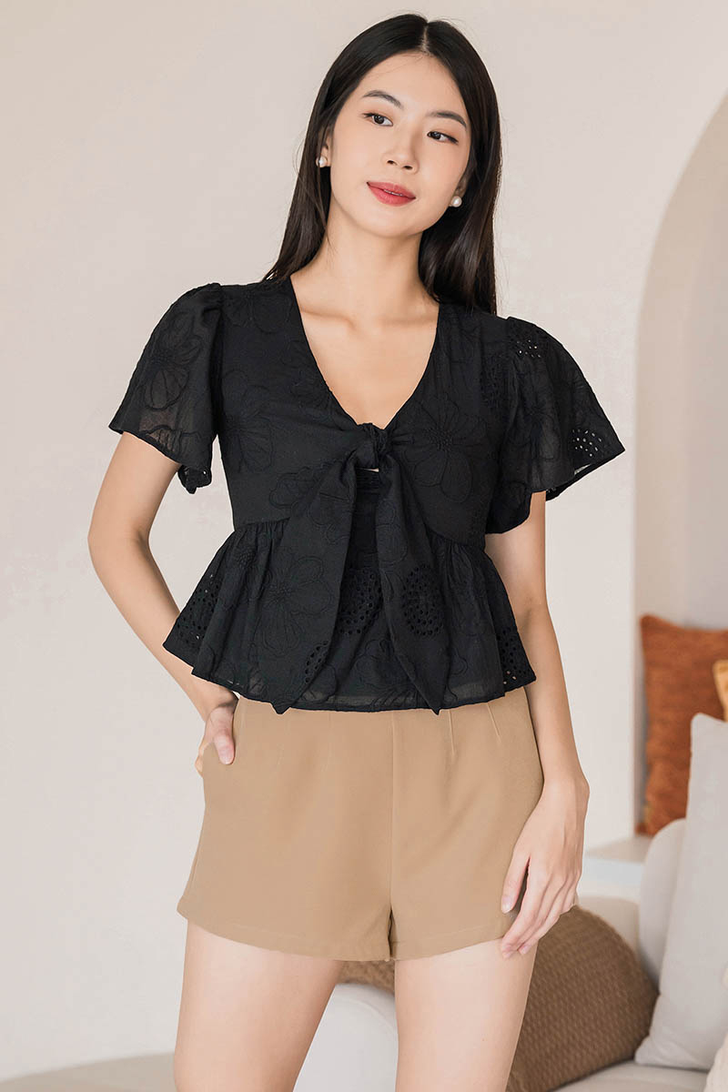 Jayley Tie-Front Peplum Top (Black Embroidery) | Dear Lyla