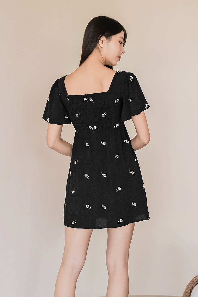 Angela Flutter Sleeve Babydoll Romper Dress V2 (Black Embroidery ...
