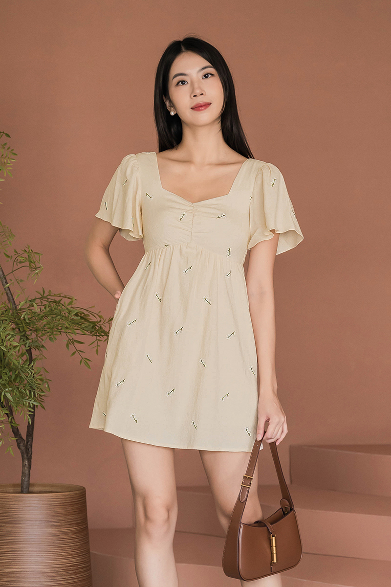 Angela Flutter Sleeve Babydoll Romper Dress V2 (Cream Embroidery ...