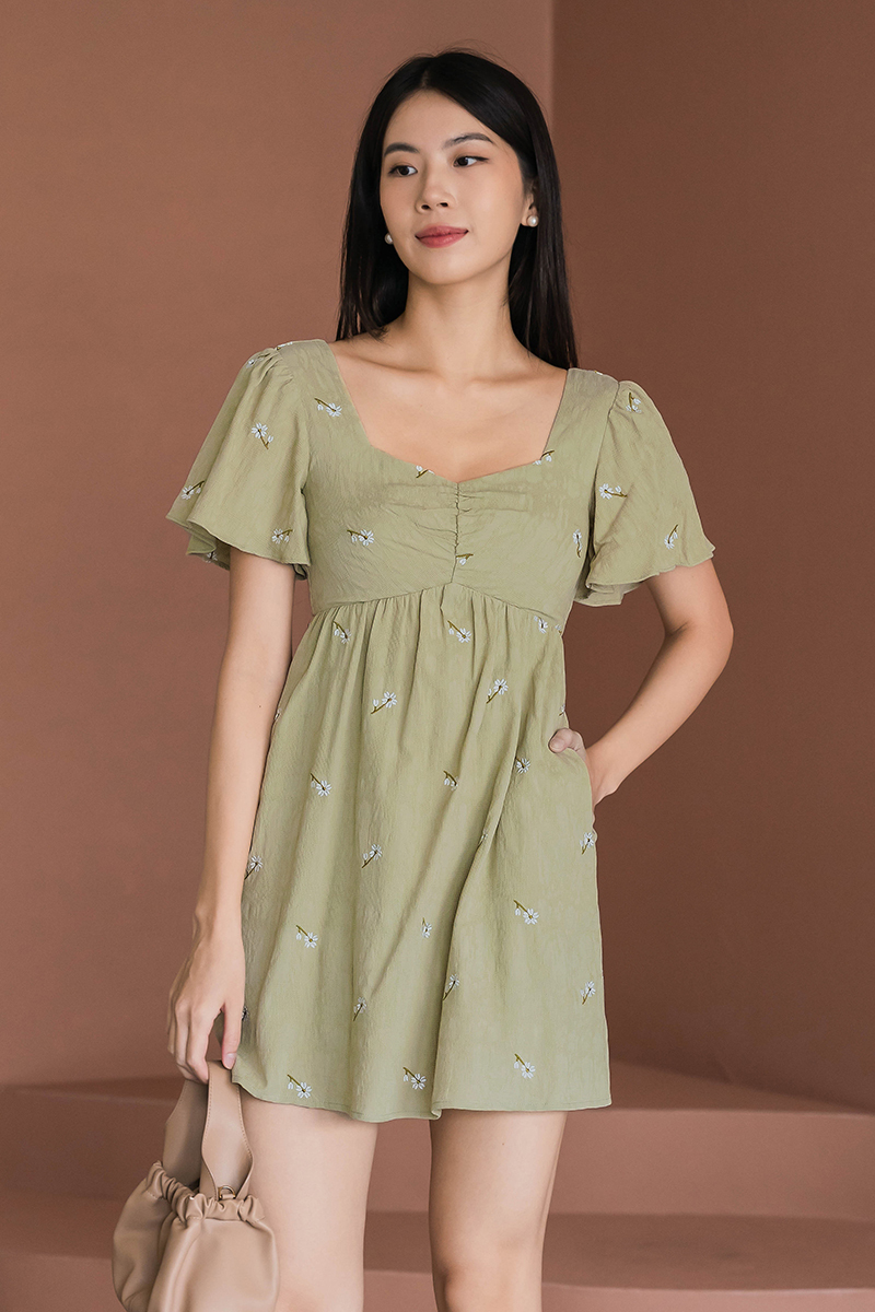 Angela Flutter Sleeve Babydoll Romper Dress V2 (Matcha Embroidery ...