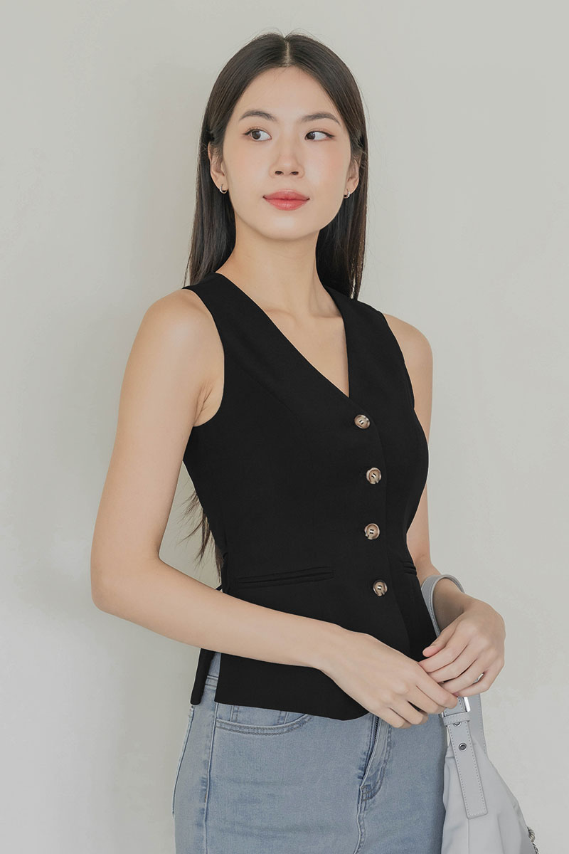 Clover Button Back-Tie Vest V2 (Black) | Dear Lyla
