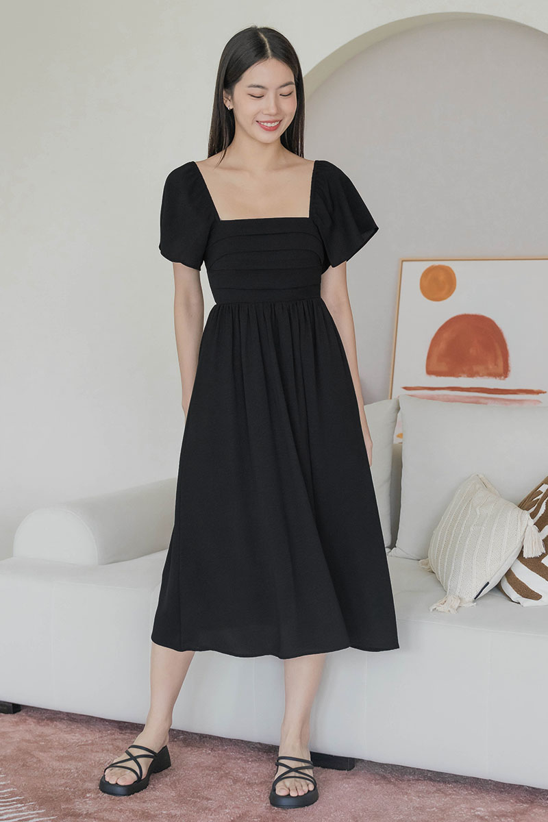 *RESTOCKED* Heather Padded Flutter Sleeve Folds Midi Dress (Black ...