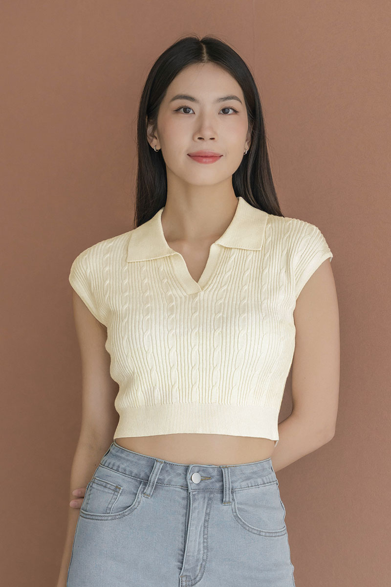 Nadine Collar Cable Knit Top (Cream) | Dear Lyla