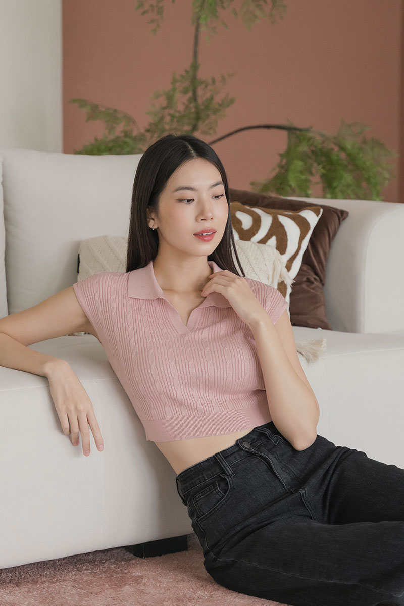 Nadine Collar Cable Knit Top (Tea Rose) | Dear Lyla