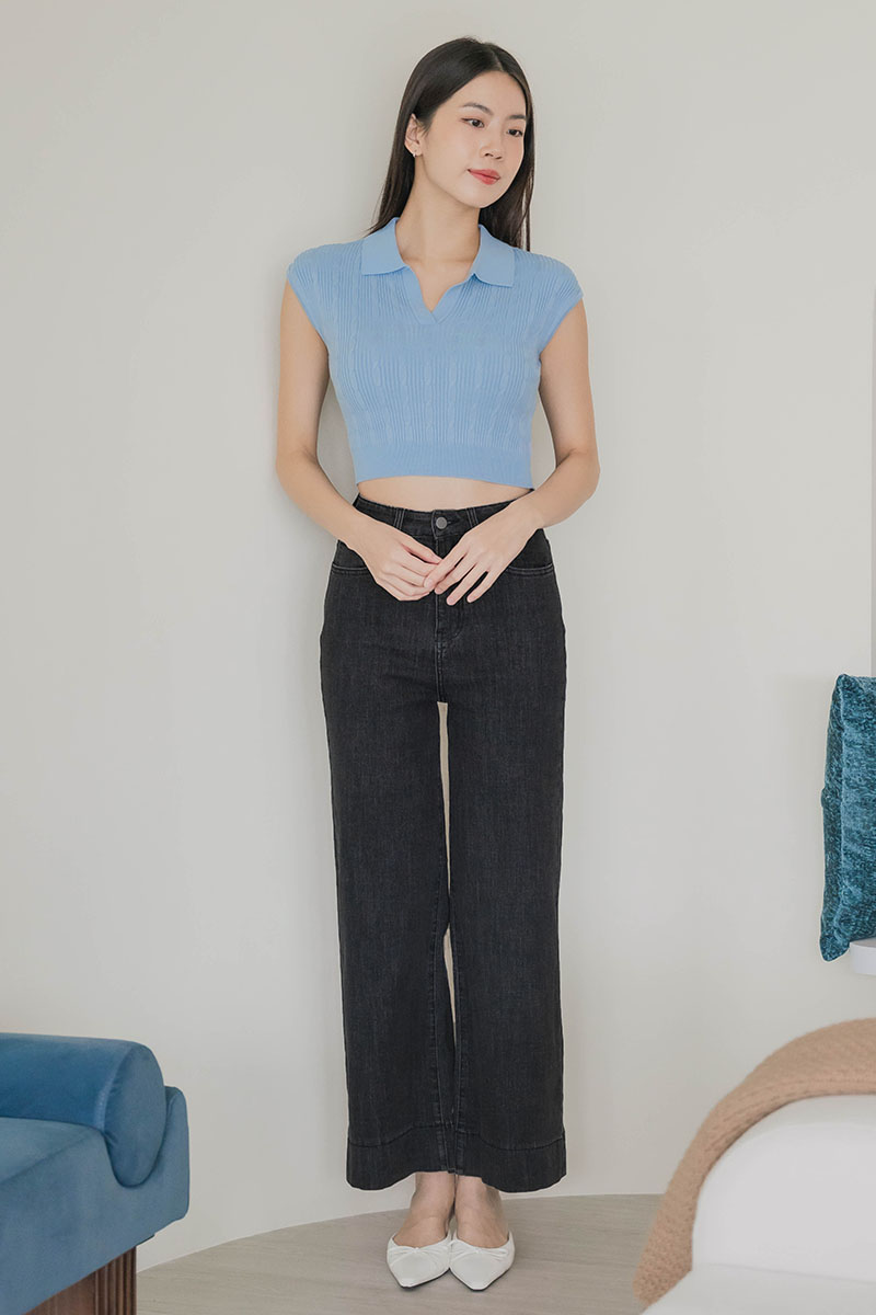 Nadine Collar Cable Knit Top (Sky Blue) | Dear Lyla