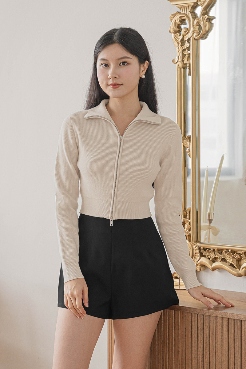 Camille Double Zipper Long Sleeve Knit Top (Sand) | Dear Lyla