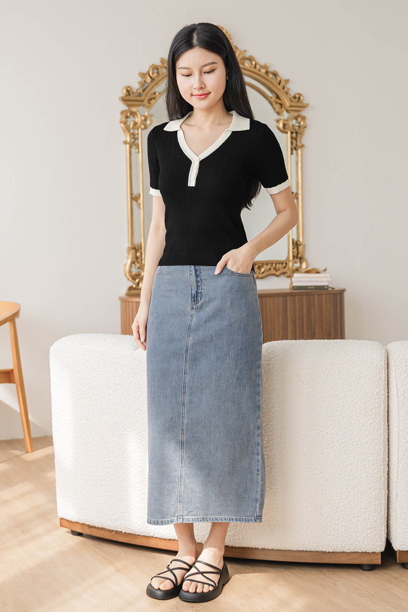 Harper Colourblock Collared Knit Top (Black) | Dear Lyla