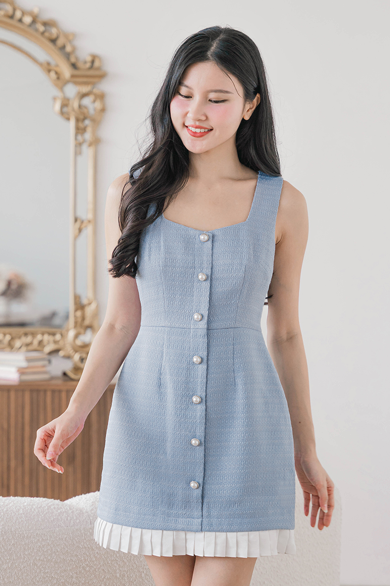 Sheena Contrast Pleated Hem Tweed Dress (Blue) | Dear Lyla