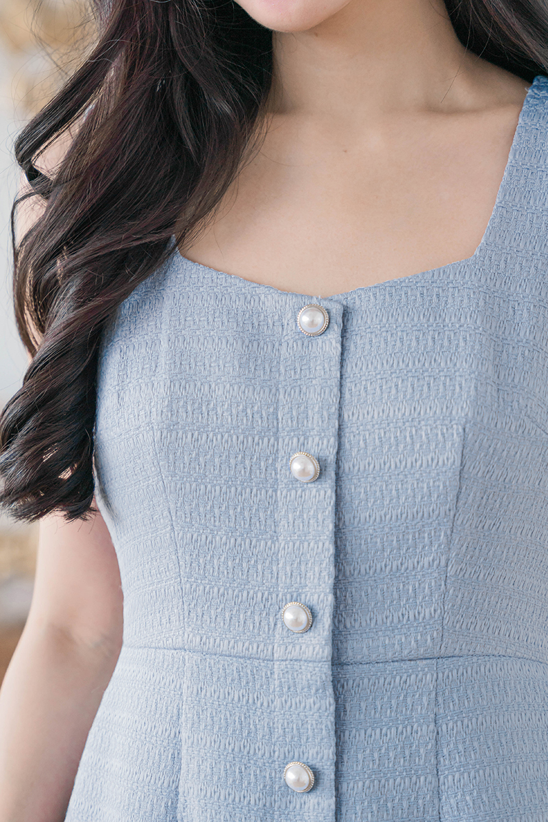 Sheena Contrast Pleated Hem Tweed Dress (Blue) | Dear Lyla