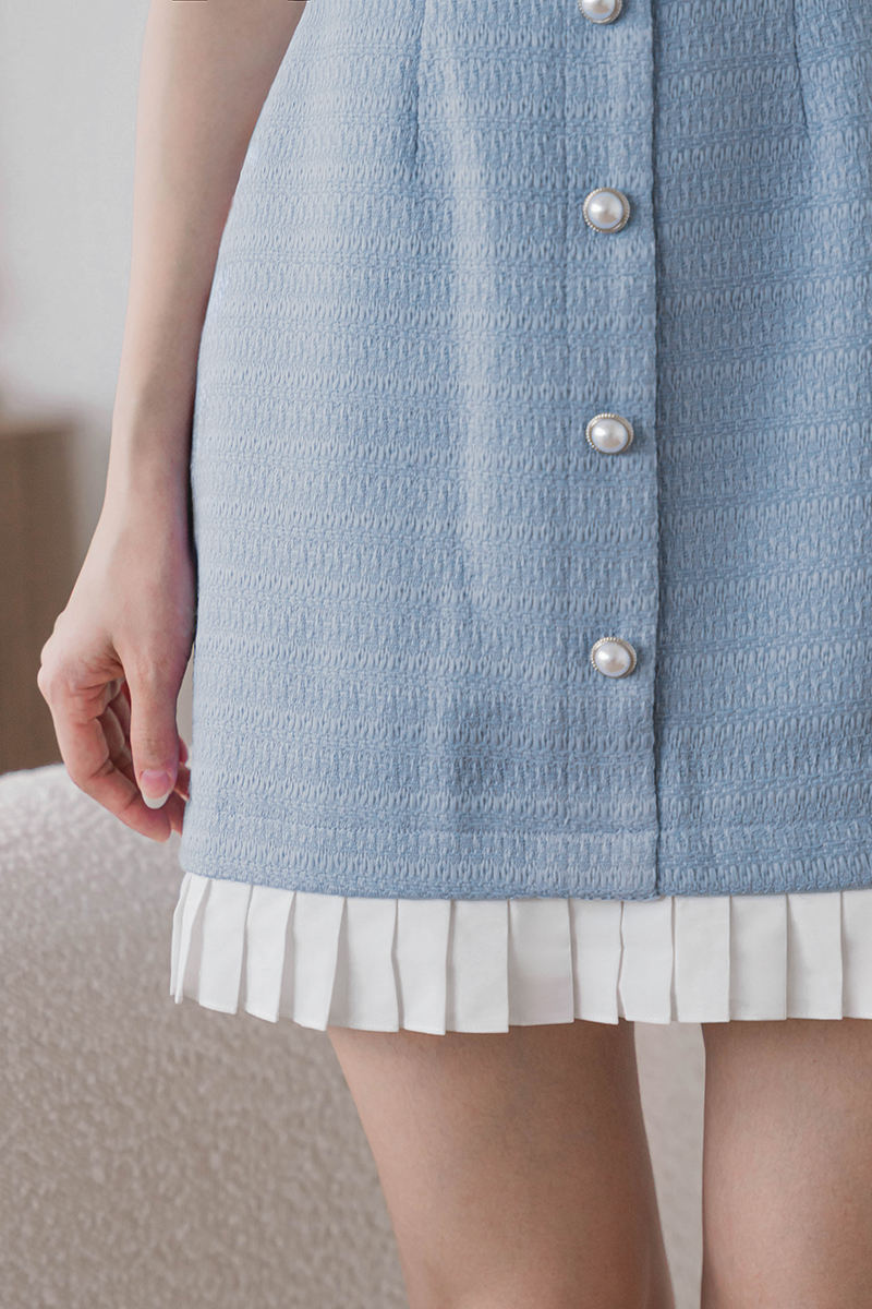 Sheena Contrast Pleated Hem Tweed Dress (Blue) | Dear Lyla