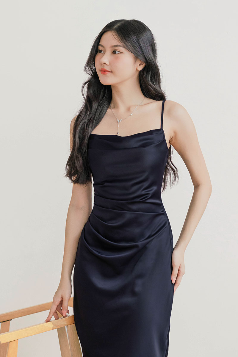 *RESTOCKED* Chantel Padded Cowl Satin Midaxi Dress (Midnight) | Dear Lyla