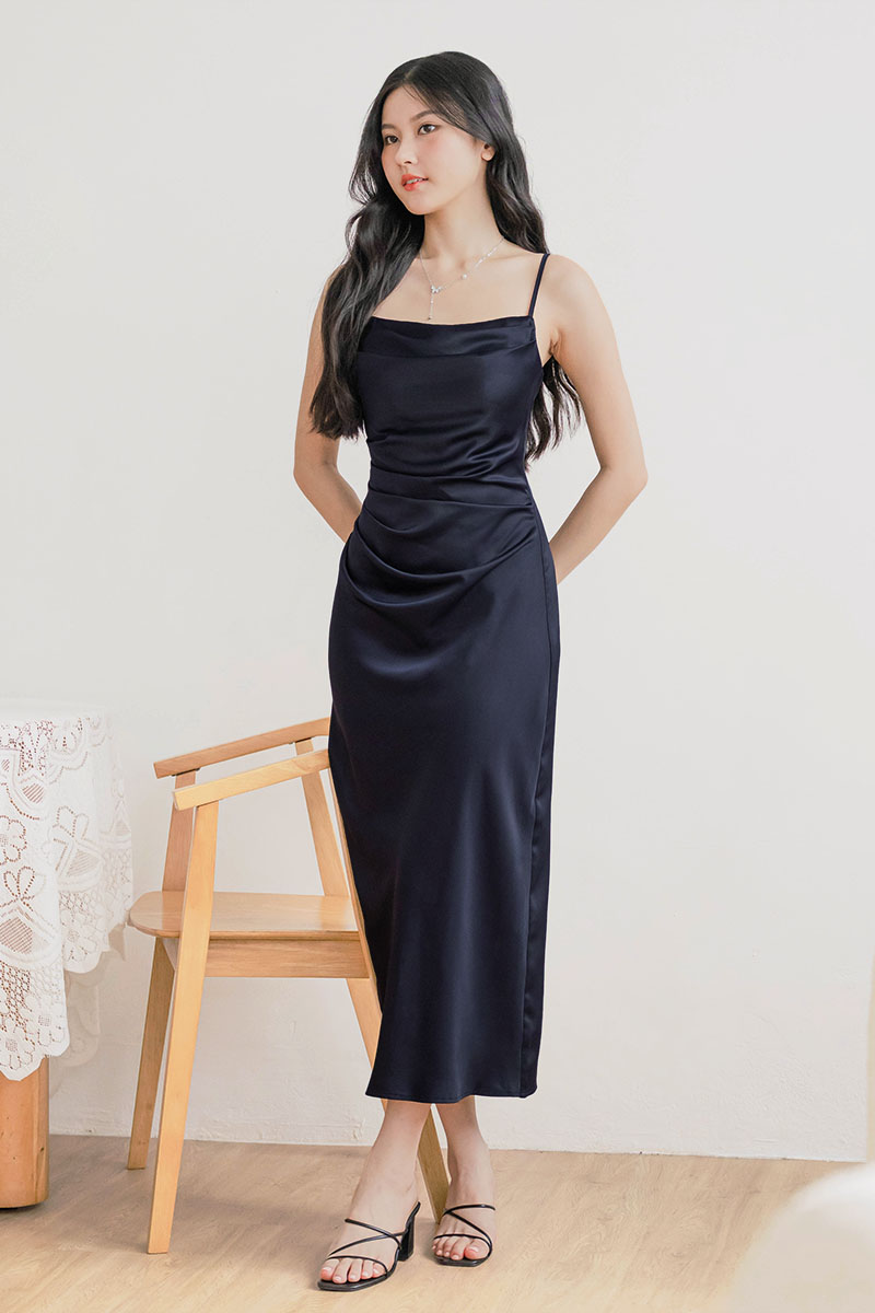 *RESTOCKED* Chantel Padded Cowl Satin Midaxi Dress (Midnight) | Dear Lyla