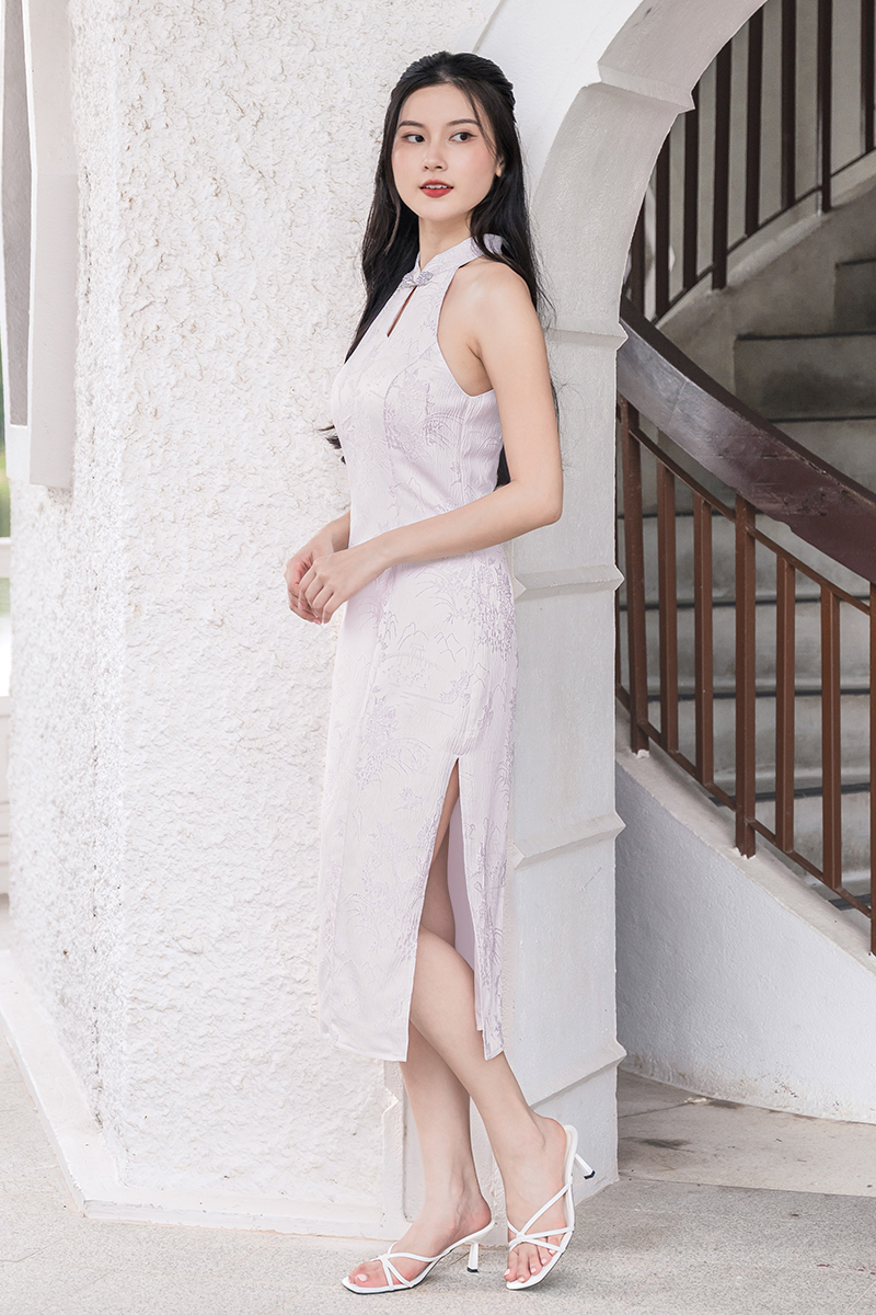 安 An Padded Halter Cheongsam Midi Dress (Lavender Treasures) | Dear Lyla