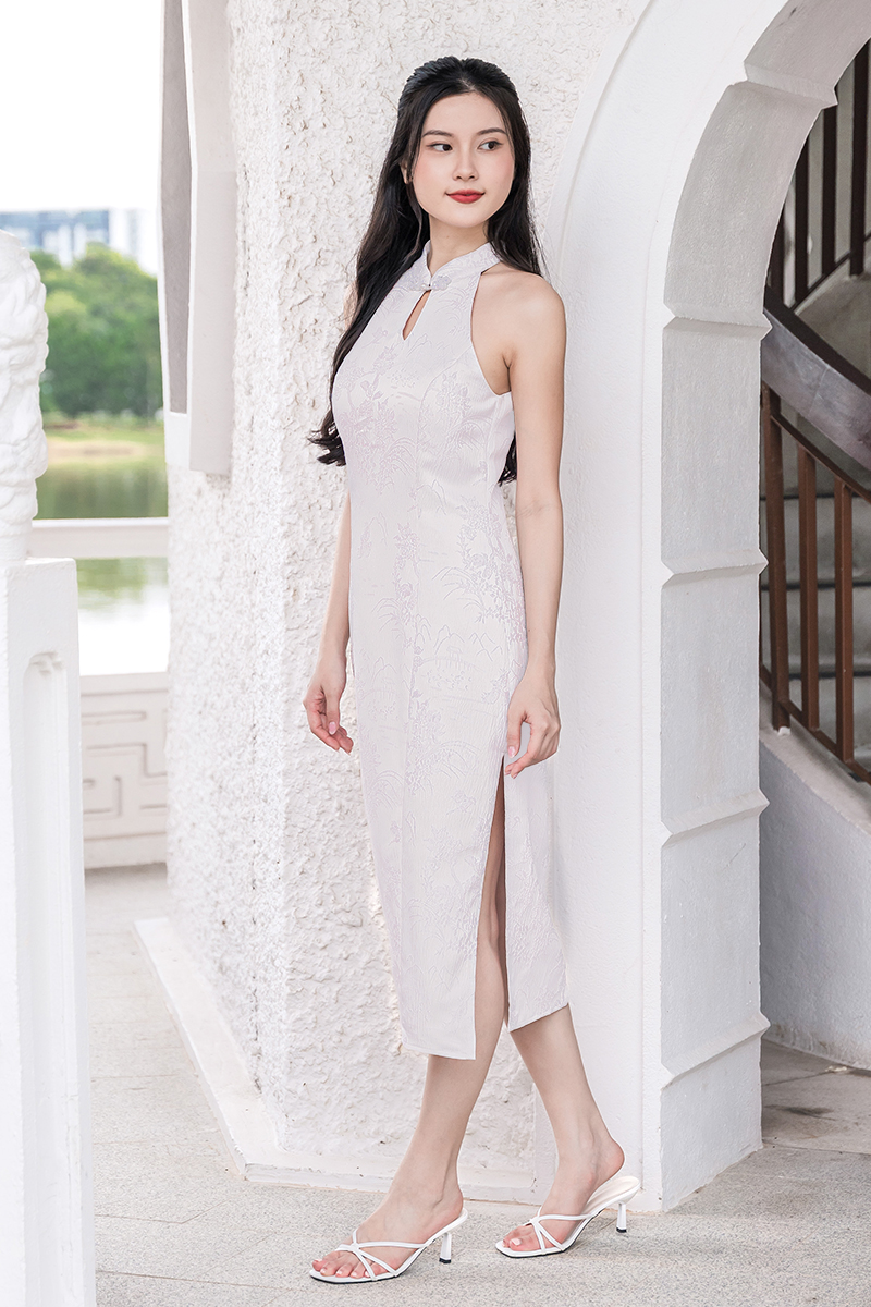 安 An Padded Halter Cheongsam Midi Dress (Lavender Treasures) | Dear Lyla