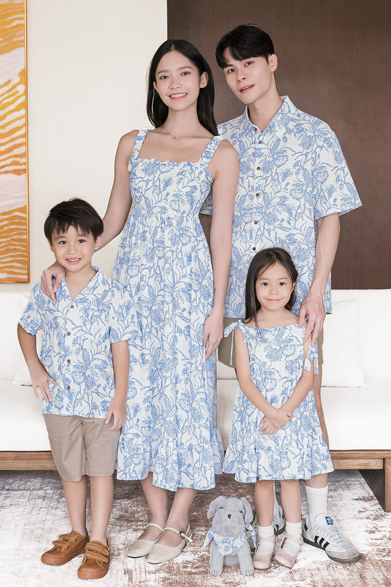 Elleria Padded Ruched Strap Midaxi Dress (Blue Batik) | Dear Lyla