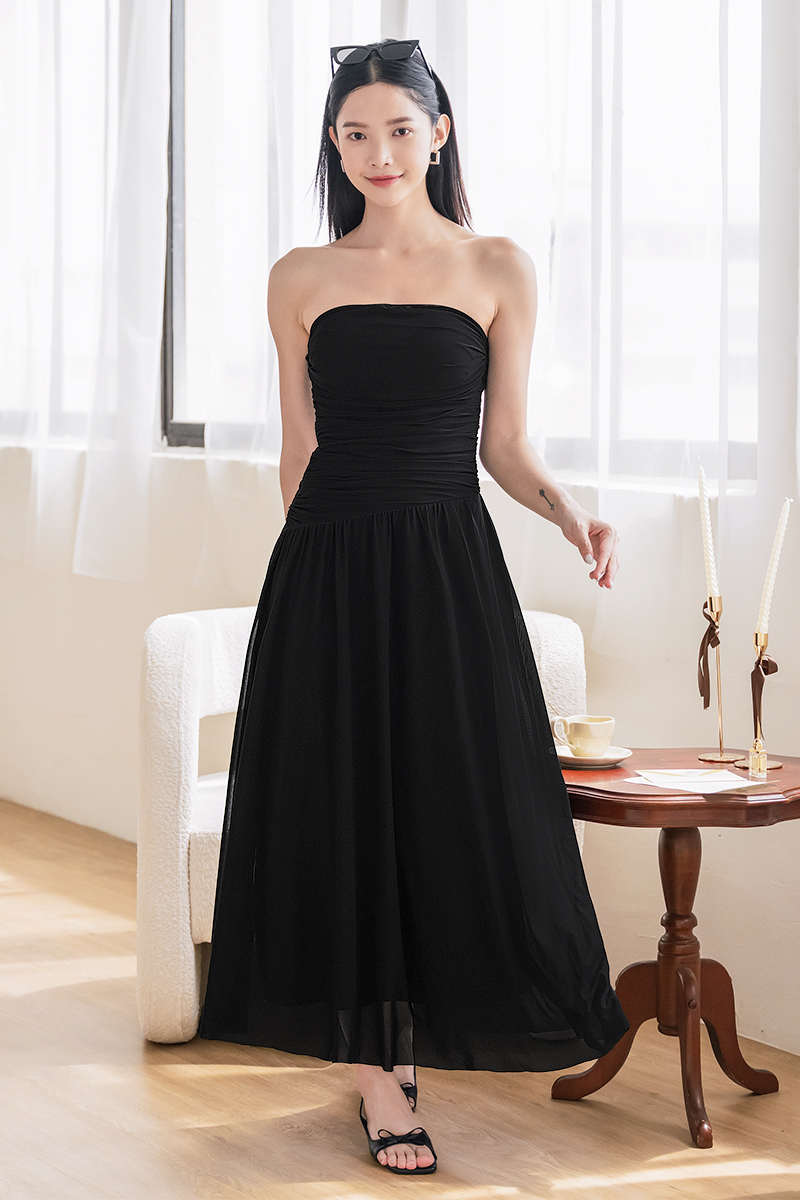 Athelia Padded Ruched Mesh Tube Dress (Black) | Dear Lyla