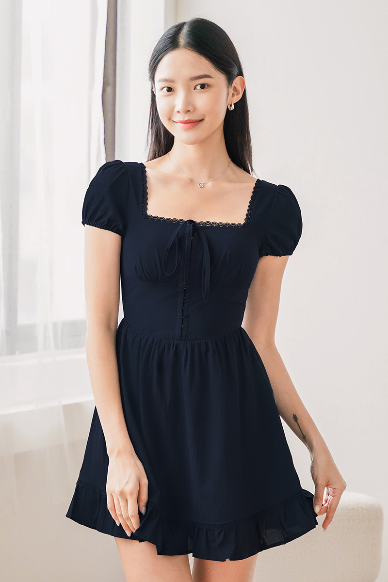 Hazelle Padded Corset Puff Sleeve Dress (Midnight) | Dear Lyla
