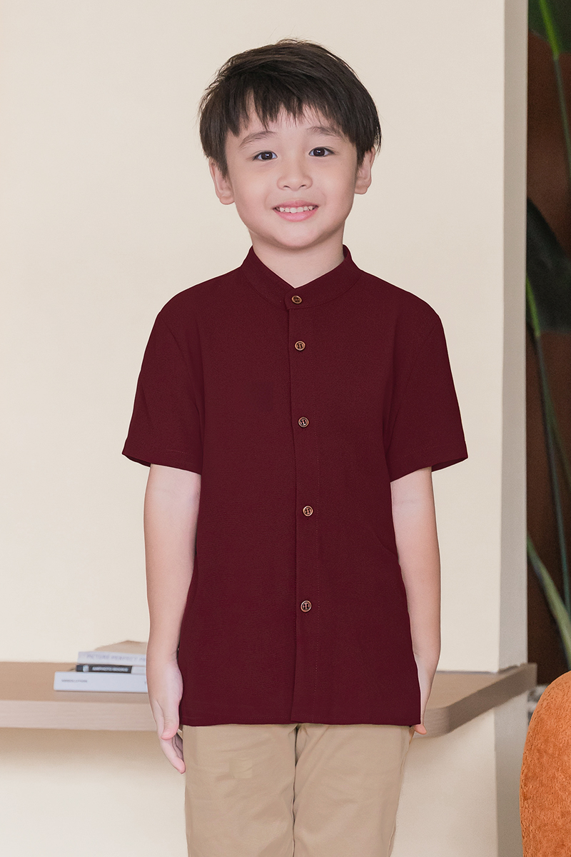 Kids 乐 Le Mandarin Collar Shirt (Maroon) | Dear Lyla