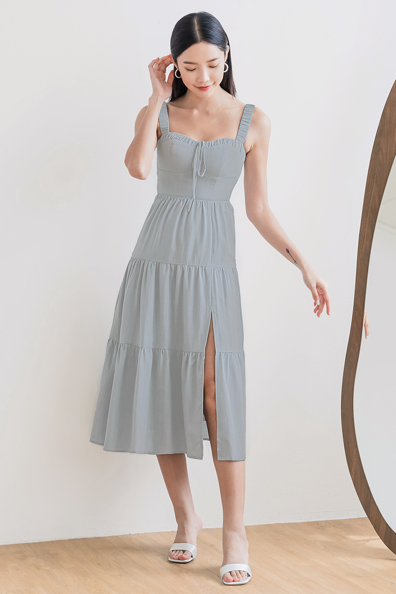 Laura Padded Ruched Strap Midi Dress (Misty Grey) | Dear Lyla