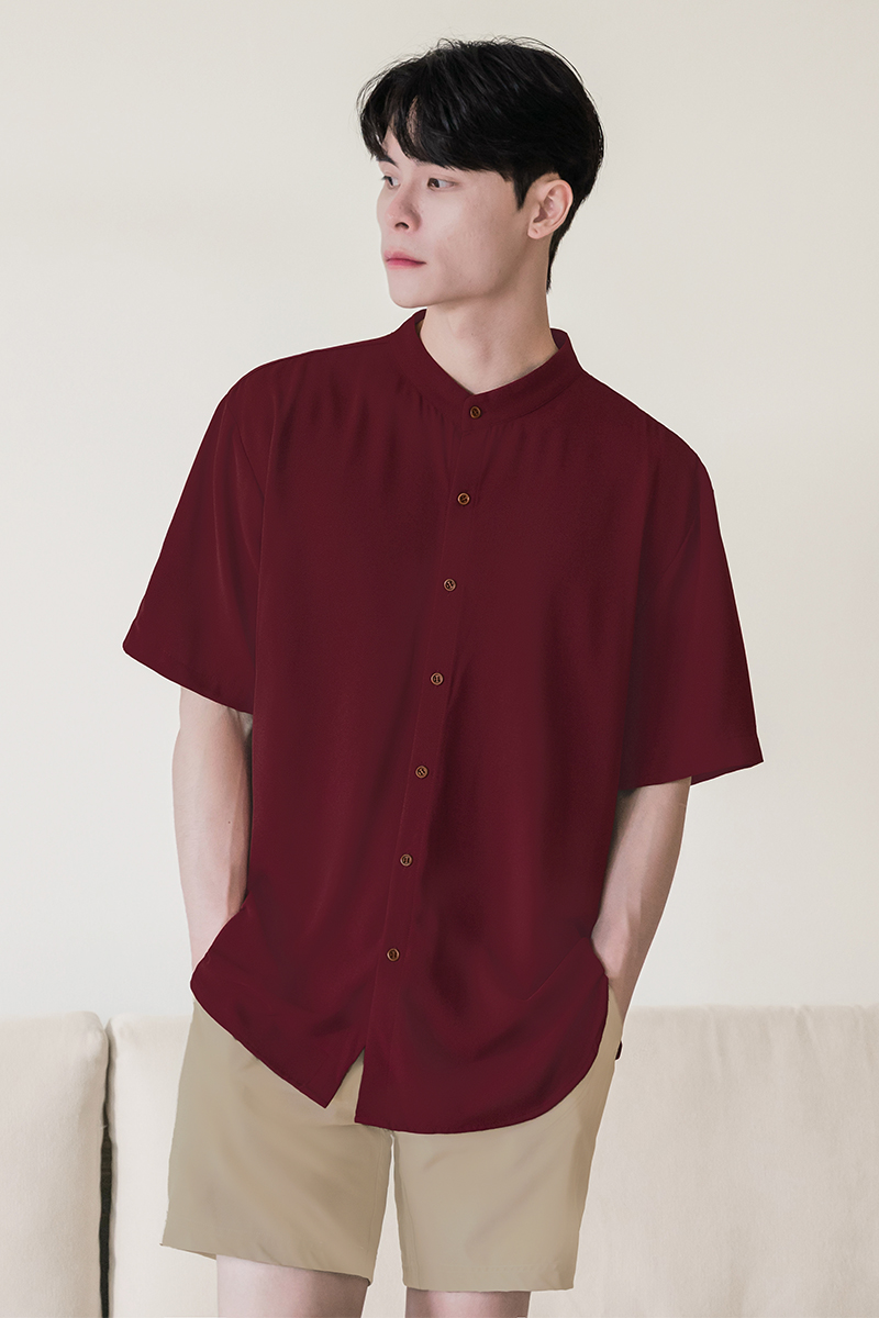 乐 Le Mandarin Collar Shirt (Maroon) | Dear Lyla
