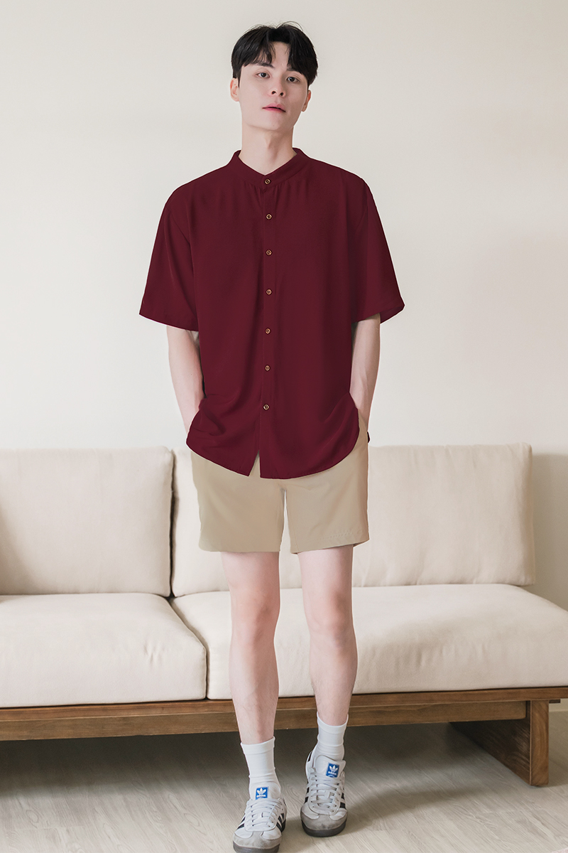 乐 Le Mandarin Collar Shirt (Maroon) | Dear Lyla