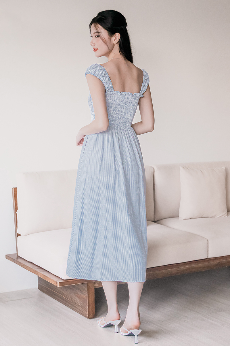 Bella Cap Sleeve Smocked Ribbon Midi Dress (Blue Stripes) | Dear Lyla