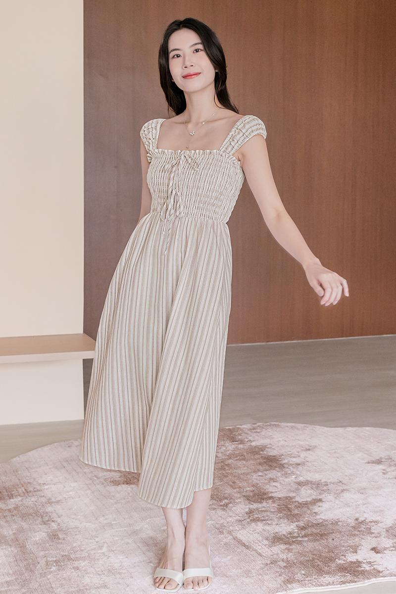Bella Cap Sleeve Smocked Ribbon Midi Dress (Brown Stripes) | Dear Lyla