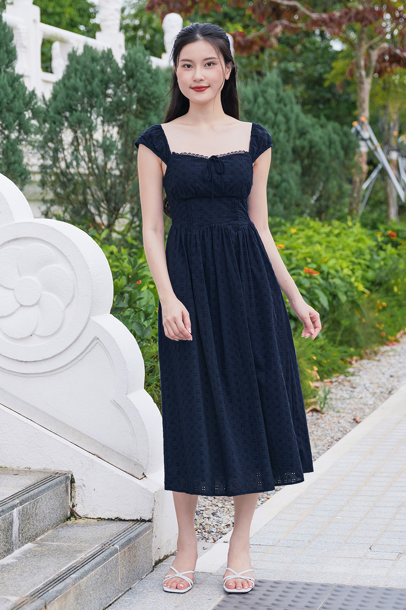 Emily Padded Ribbon Midaxi Dress (Navy) | Dear Lyla