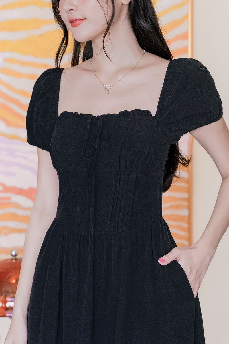 Herena Padded Puff Sleeve Pintuck Midaxi Dress (Midnight) | Dear Lyla